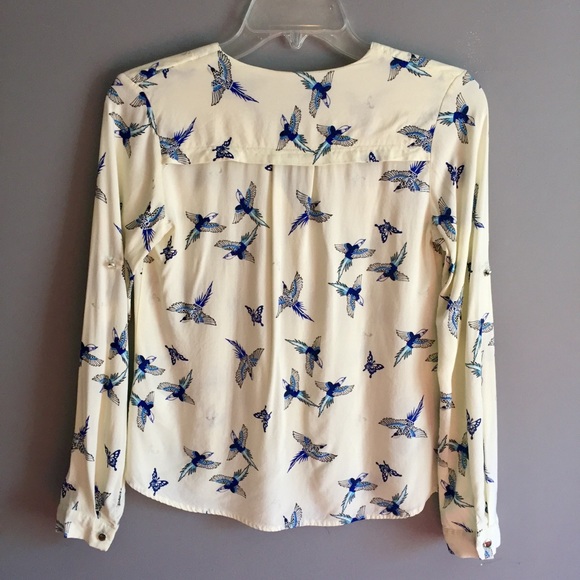 Tops | Ivory Button Down Blouse With Blue Bird Print | Poshmark